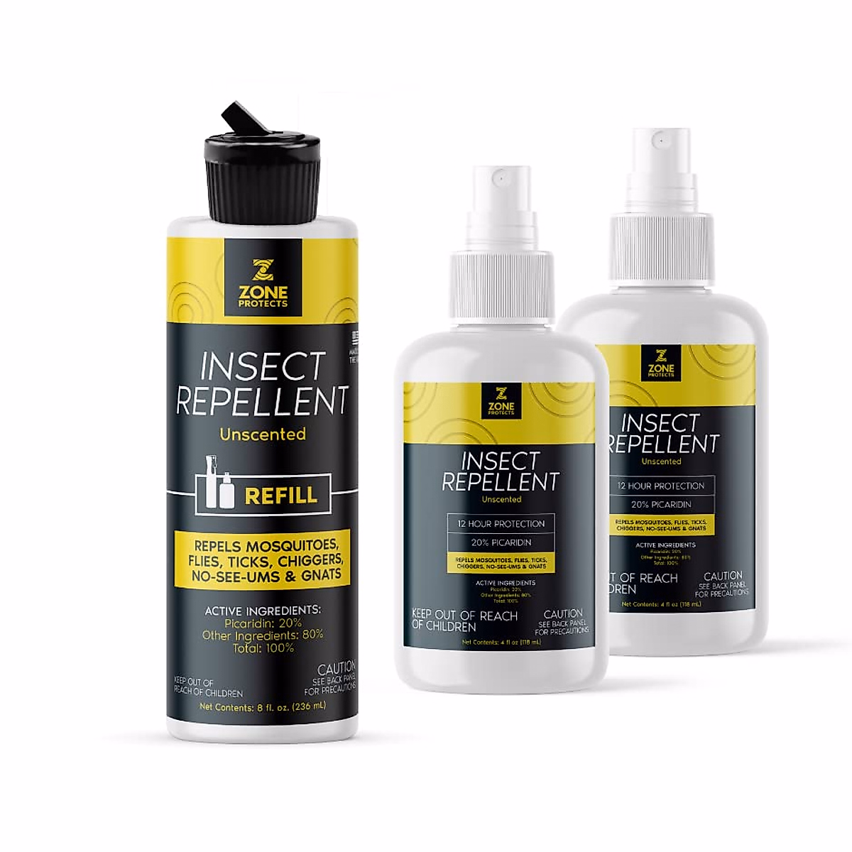 Zone Protects Unscented Picaridin Insect Repellent Spray 2 Pack + Refill. DEET-Alternative. Picaridin Based. Picaridin has 12-hr Proven Protection. Picaridin Repels Ticks, Gnats and Mosquitoes.