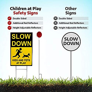 CORQUE Kids at Play Safety Signs for Street, Slow Down & Caution Warning - 2 Pack Double Sided with High Visibility Reflectors & Adjustable Metal Stakes Set - Children Playing Yard Road Visual Signal