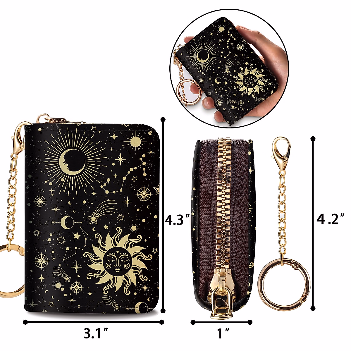 Yonlevres Credit Card Holder RFID Wallet, Astrological Sun Moon Small Card Holder Wallet for Women with Keychain Zipper, Leather Print Credit Card Case Organizer Accordion Gift