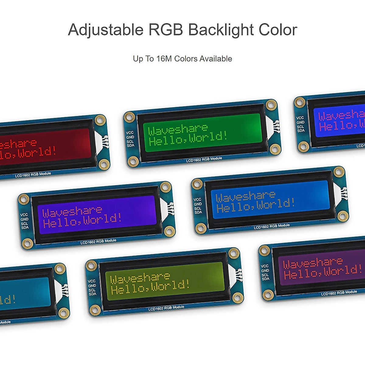 waveshare 1602 LCD Display RGB Module 16x2 Characters 16M Colors RGB Backlight LCD Module, 3.3V/5V Compatible, I2C Bus, for Raspberry Pi/Pi Pico, Jetson Nano Arduino