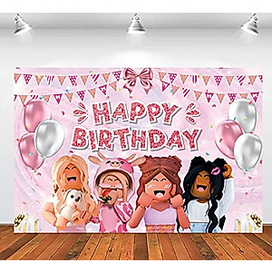 AICHENGZI Girl Game Party Birthday Banner,Sandbox Game Party Supplies Decorations Pink Girl Robot Blocks Backdrop (6FTx4FT)