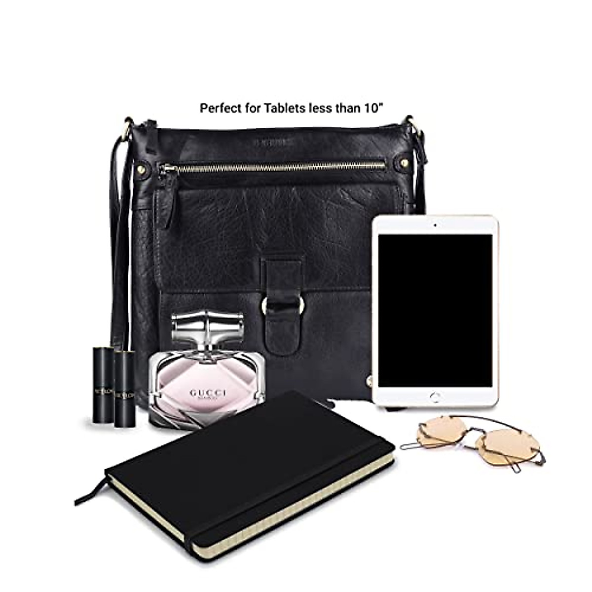 LEDERBUCK Shirley Large Soft Real Leather Crossbody handbag-Triple Zip Premium Sling Crossover Shoulder Bag for Women (Black)