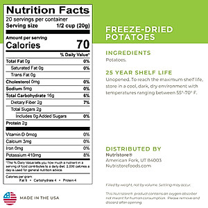 Nutristore Freeze Dried Potatoes | Premium Vegetables for Long Term Storage, Camping Meals or Recipes | Emergency Survival Canned Food Supply | Bulk #10 Can Veggies | 25 Year Shelf Life | 20 Servings