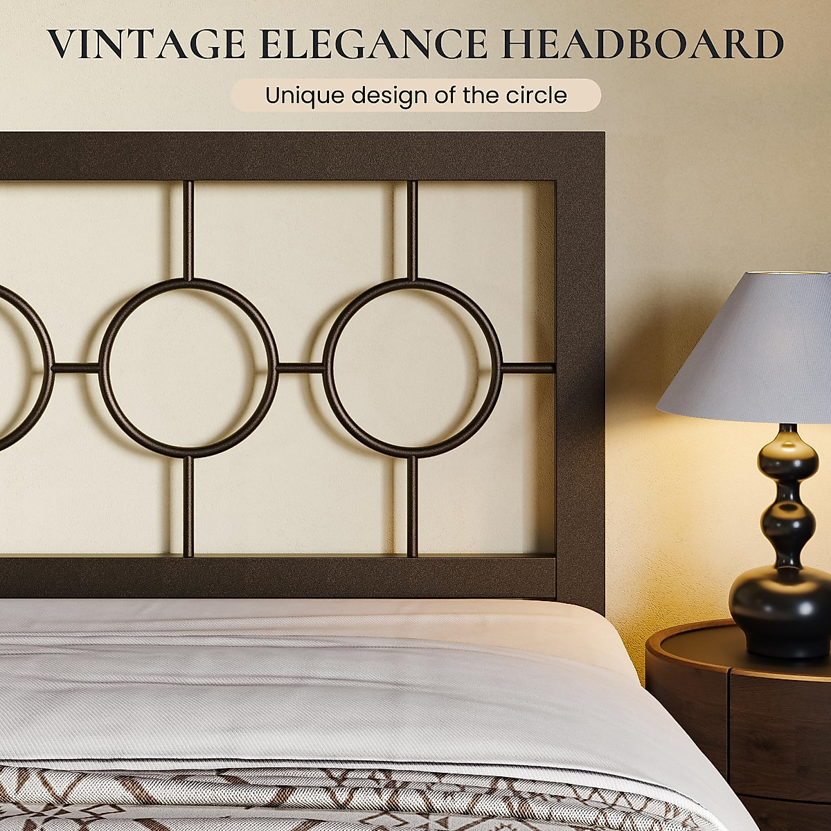SHA CERLIN Queen Size Metal Bed Frame with Vintage Circular Design Headboard and Footboard,No Box Spring Required,Easy Assembly,Noise-Free,Brown