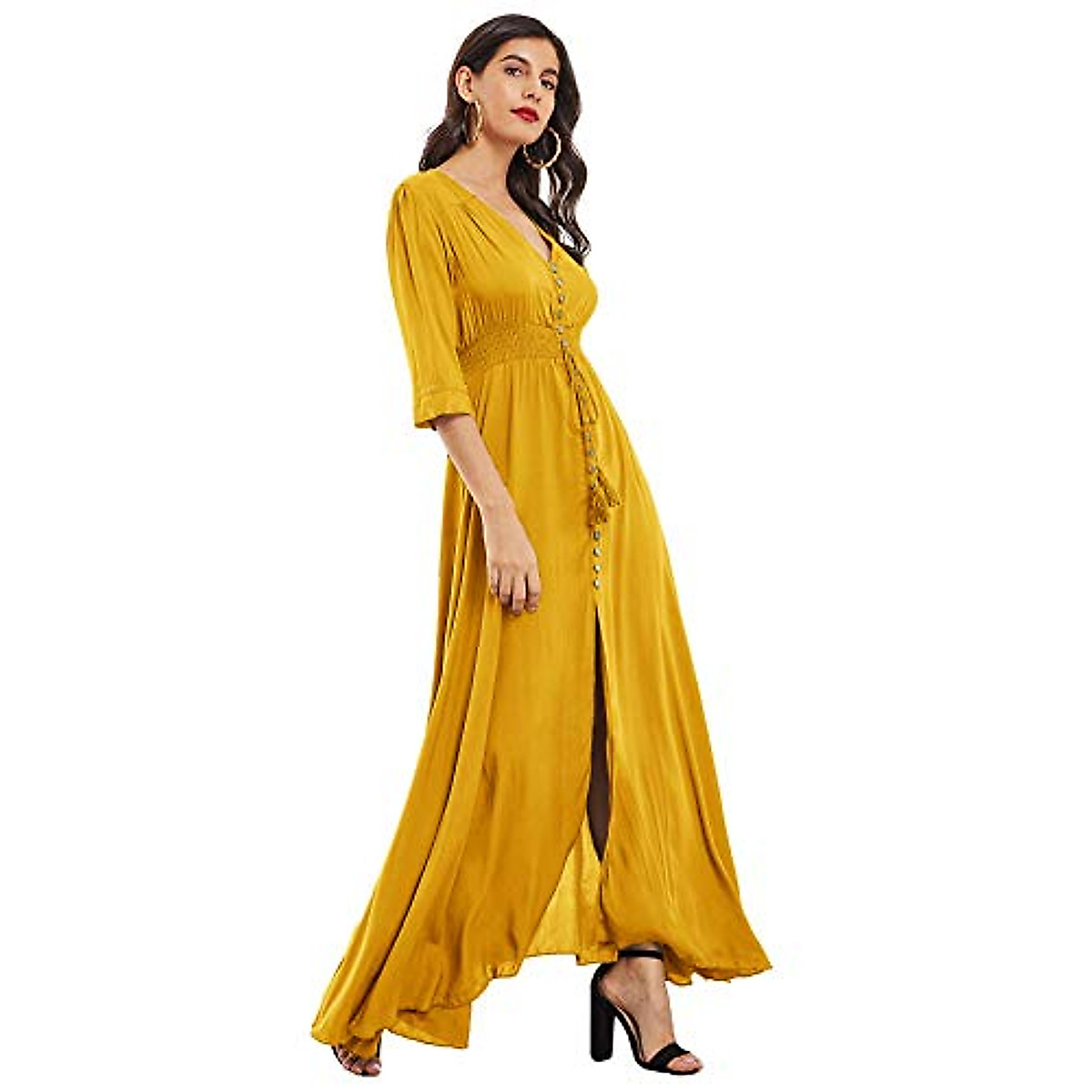 Milumia Women's Button Up V Neck Half Sleeve Split Flowy Plain Party Maxi Dress Yellow X-Large