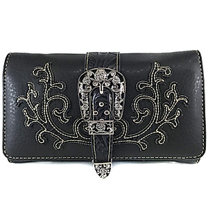 Justin West Western Floral Laser Cut Embroidery Studded Silver Rhinestone Buckle Wristlet Trifold Wallet Attachable Long Strap Collection (Black)