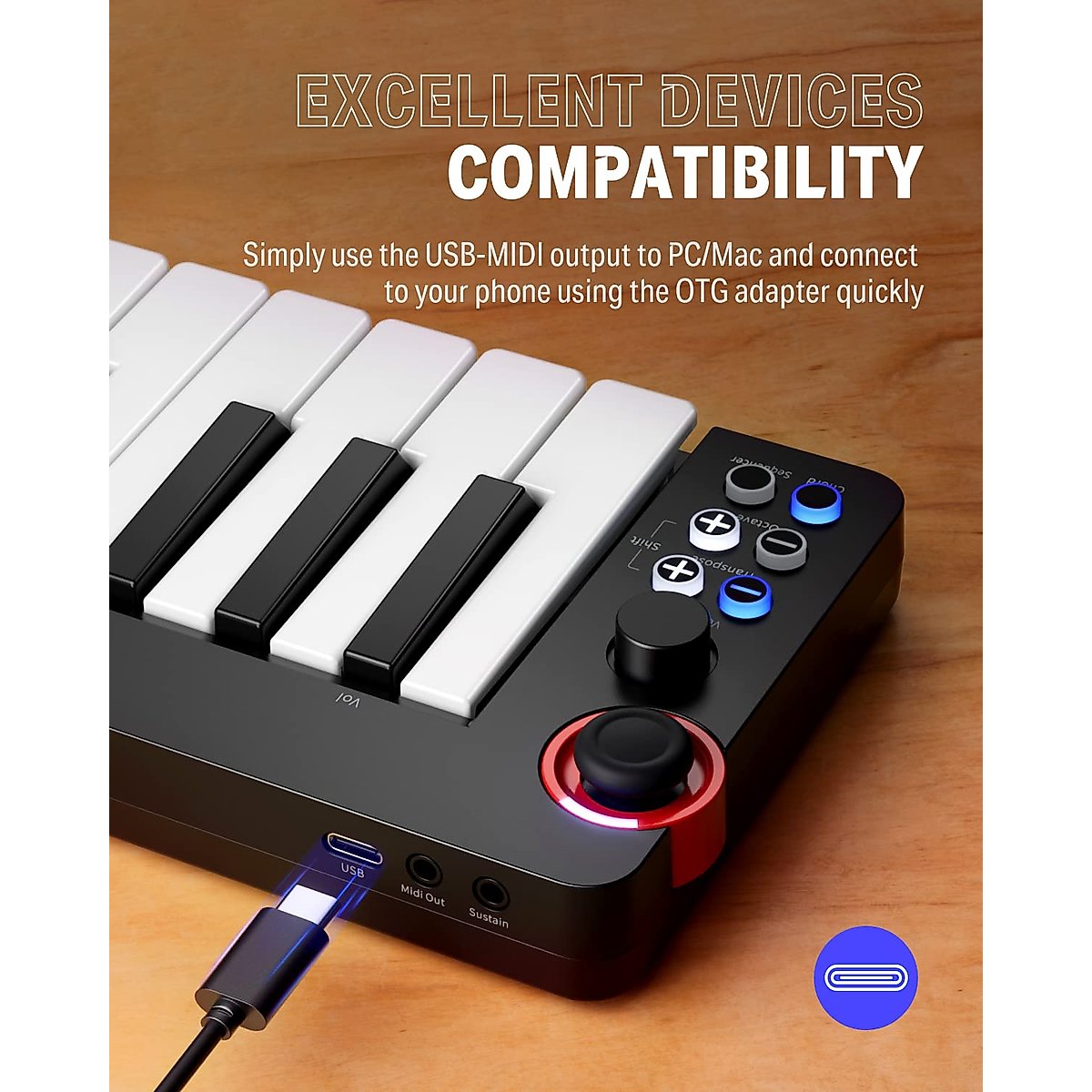USB MIDI Keyboard Controller MINI 32-Key, Donner N-32 with Screen, Sequencer, Chord, Bend Sound Effects By Light-up Joystick for Mac/PC, Music Production Software, 40 Teaching Courses