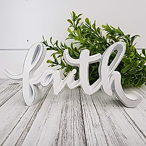 Birch & Bliss – Faith – Small Distressed White Tabletop Script Word Decor (6.75in x 3in) Modern Farmhouse Resin Standing Words - Inspirational Gifts | Spring - Wedding Decor