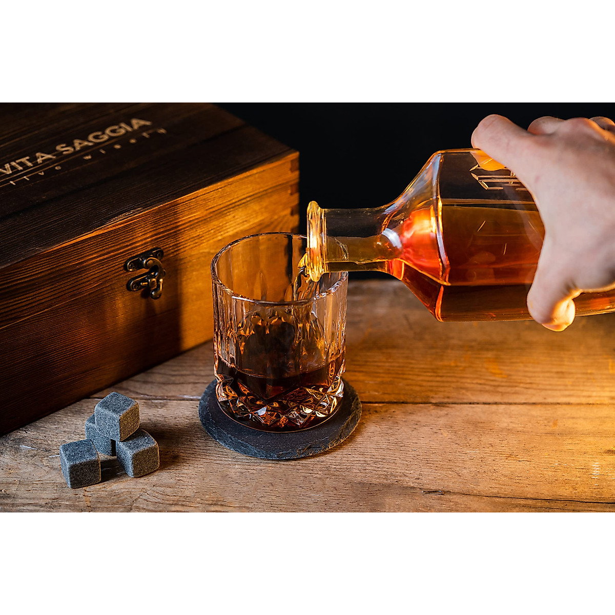Luxury Whiskey Glass Set of 2, Gift Set in Wooden Box, Includes 8 Whiskey Ice Stones, Velvet Bag and Stainless Steel Tongs. Great Gift for Men, Dad, Christmas. (14)