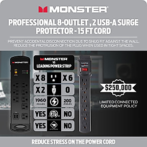 Monster Pro MI Professional Surge Protector Power Strip with Fireproof MOV Technology for Computers, Amplifiers, Pedal Boards, and Pro Audio Gear - 1960 Joule, 15 ft Cord, 8 Outlet, 2 USB