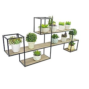 Admired By Nature White Oak Wood Modern Offset Mounted Metal Hanging Storage Floating Shelves, Black, ABN5E159-NTRL Wall Shelf