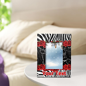 Herdesigns Red Rose Flower 4x6 Picture Frame Personalized Custom Text Name Marble Zebra Texture Wooden Picture Frame for Wall and Tabletop Display, Photo Picture Frame Customized Gift