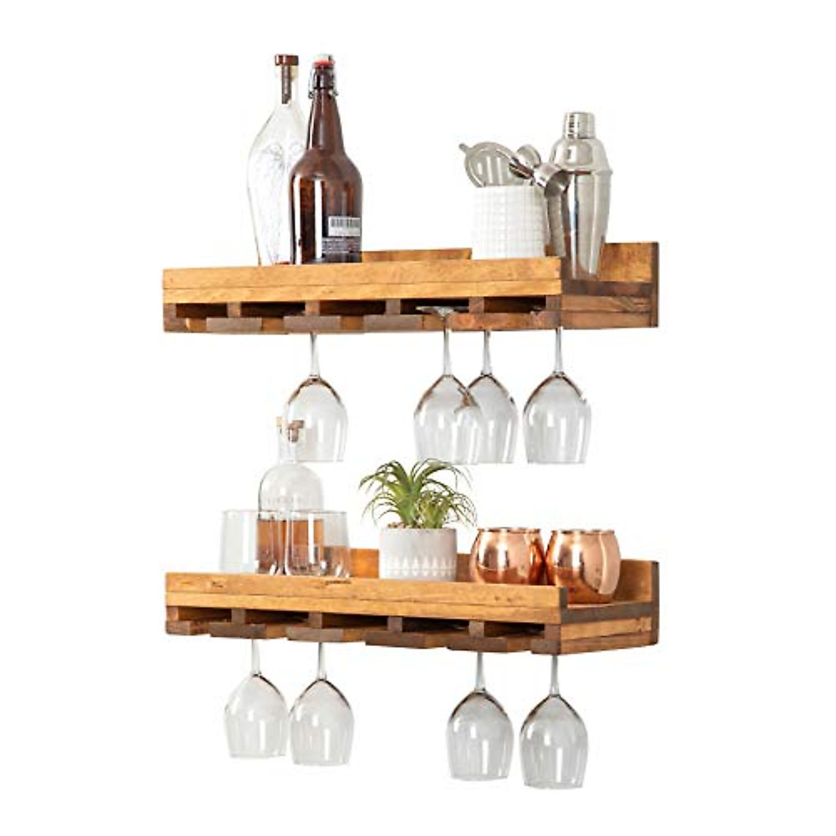 del Hutson Designs Rustic Luxe 24 Inch Farmhouse Solid Pine Wood Wall Mount Wine Bottle Stemware Rack Display Shelf, Set of 2, Walnut