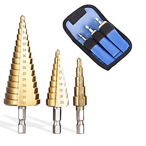 Step Drill Bit Set Metric 3PCS with Bag, Automatic Center Punch (4-12mm/4-20mm/4-32mm), 1/4" Hex Shank Quick Change Titanium Coated High Speed Steel Drill Bits for Copper/Aluminum/Wood/Plastic