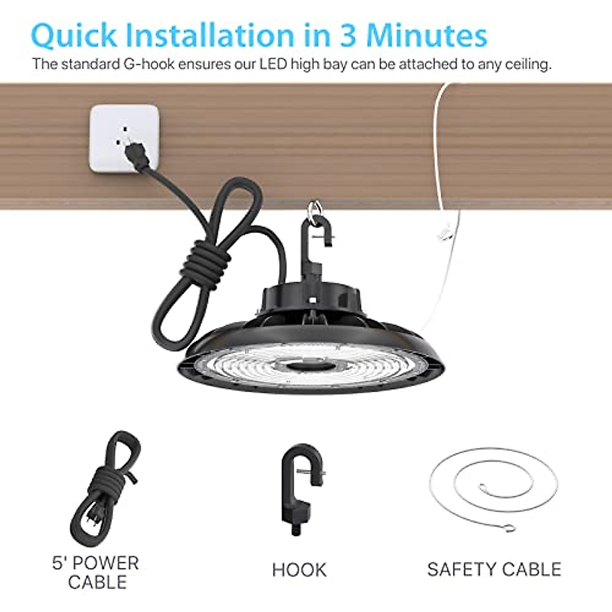 HYPERLITE High Bay LED Lights 100W 14000LM 5000K, 450W MH/HPS Eqv. LED High Bay Light with UL US Plug(Optional Sensor Function-Extra Purchase), IP65 Commercial Garage Shop Barn Area Lighting 1PC