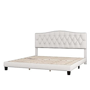 King Size Linen Upholstered Platform Bed Frame with Tufted Headboard for Boys Girls Teens Adults, Noise Free, No Box Spring Needed, Under Bed Storage (King)