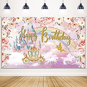 Princess Birthday Party Decorations Supplies Princess Theme Backdrop Background Banner for Girl Birthday Party Favor Gold and Pink Royal Castle Carriage Crown Floral Photography Booth Cake Table Decor