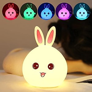 Cute Silicone Rabbit Night Light, USB Rechargeable Rabbit LED Soft Silicone Touch Sensor Bedside Pat Lamp for Children Baby Kids Gift Room Decor Lamps