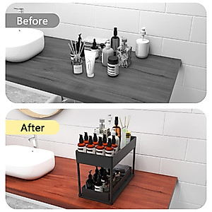 Way2Furn Under Sink Organizers and Storage, 2 Tier Kitchen Under Sink Cabinet Organizer, Under Sink Shelf Organizer with Hooks and Hanging Cups for Cabinet, Countertop, Bathroom, Kitchen, 2 Pack