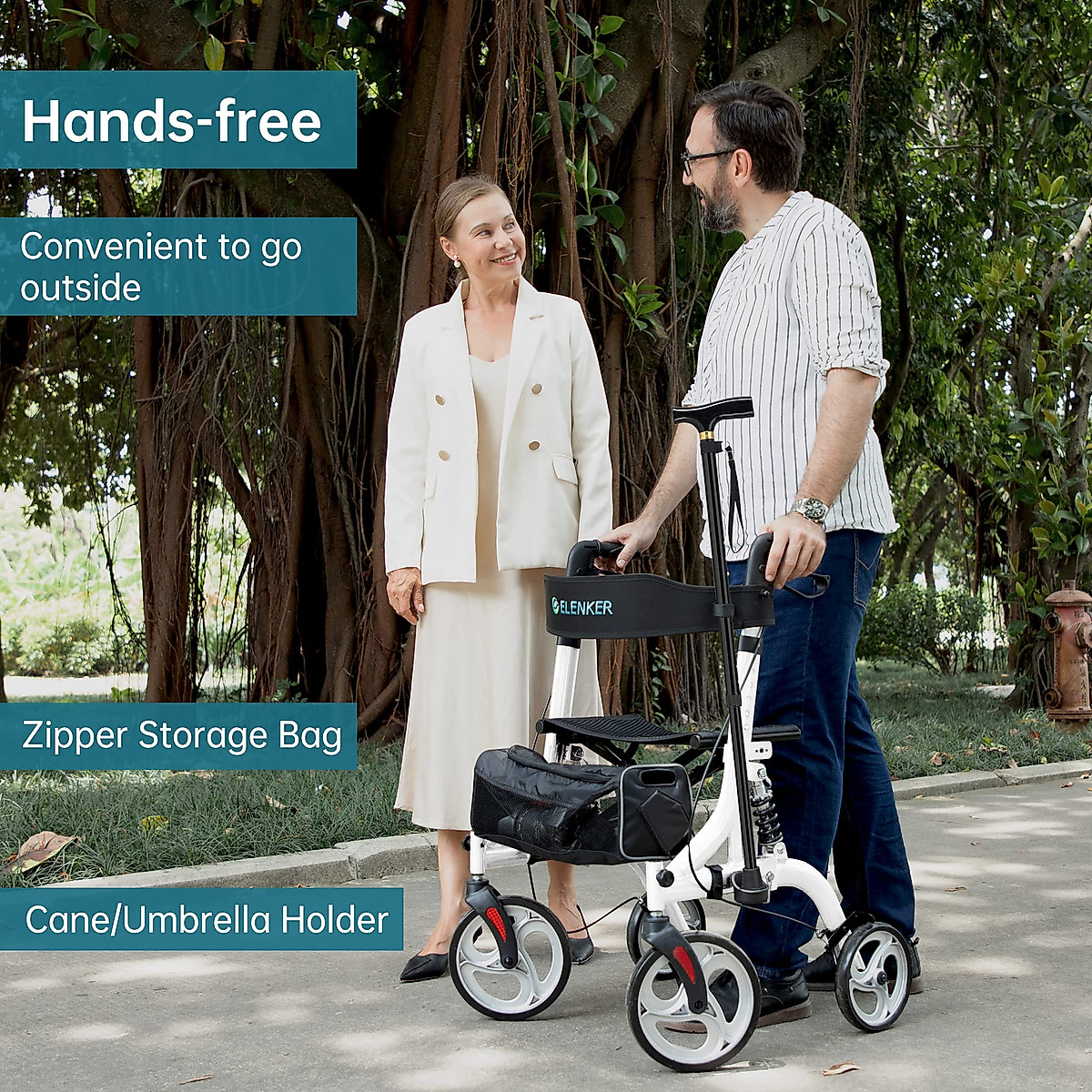 ELENKER Rollator Walker with Seat, 10”Front Wheels, with Shock Absorber & Carrying Pouch, Lightweight Compact Folding Design for Seniors (White)