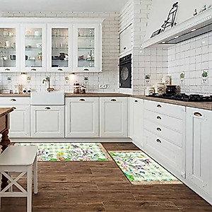 Greday Plaid Green 2 PCS Cushioned Anti-Fatigue Kitchen Mats and Rugs,Spring Holiday Colored Eggs Easter Egg Bunny Daisy Floral Absorbent 18inchx 30inch+ 18inchx 48inch