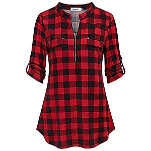 Ninedaily Plaid Shirts for Women, Gifts for Women Shirts Happy New Years Shirts Christmas Outfits 2023 Casual Extra Long Dressy Tunics to Wear with Legging Loose Hem Black and Red Plaid Shirt Size XL