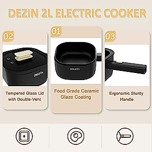 Dezin Hot Pot Electric with Steamer, 2L Non-Stick Ceramic Coating Electric Pot, Multifunction Cooker for Ramen, Soup & Oatmeal, Portable Hot Pot with Power Control for Dorm, Office, Travel (Silicone Spatula Included)