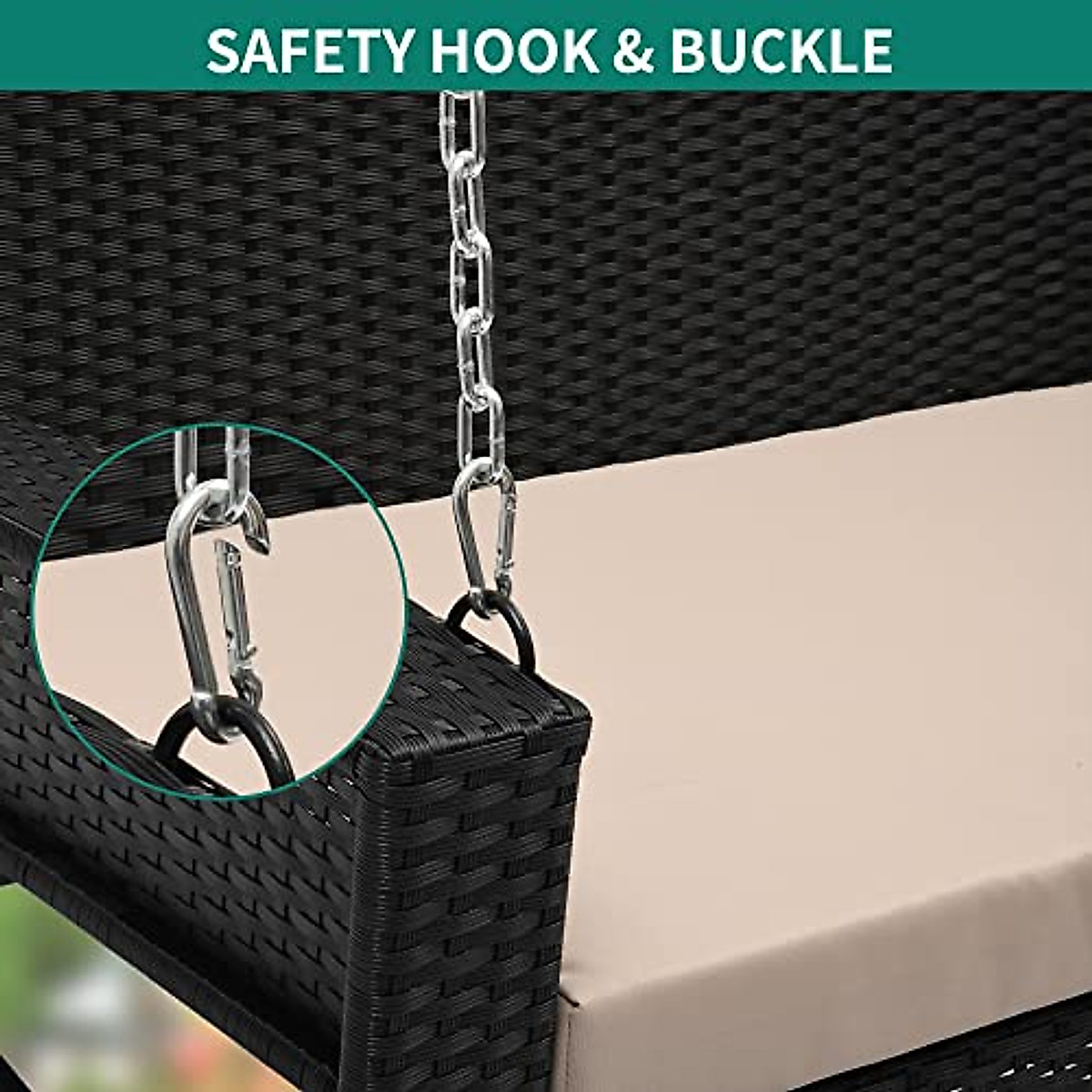 YITAHOME 2-Seats Wicker Hanging Porch Swing Chair Outdoor Black Rattan Patio Swing Lounge w/ 2 Back Cushions Capacity 530lbs for Garden, Balcony, Living Room, Beige