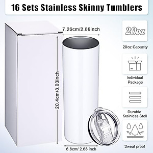 16 Pack 20 oz Stainless Steel Skinny Tumbler Water Tumbler Cup Insulated Stainless Steel Cups with Lid Double Layer Travel Coffee Mug Reusable for Hot Cold Drink Home Office Car Use(White)