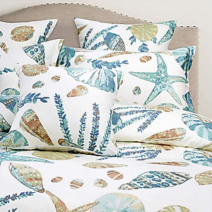Usning Beachy Duvet Covers Queen Size, 100% Cotton Soft Coastal Bedding 3 Pieces, Starfish and Sealife Bedding Set Design with Zipper Closure and Corner Ties, Queen Size, Seashell Pattern