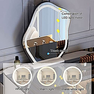 ZTGL Makeup Vanity with Lights and Charging Station, Vanity Mirror with LED Light and Table Set, Large Vanity Desk with 5 Drawers and Chair, Modern Vanity Table with Nightstand,White Mirror b,L: 60cm