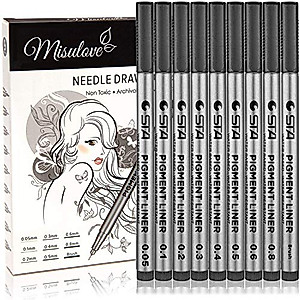 MISULOVE Micro-Pen Fineliner Ink Pens - Precision Multiliner Fine Point Drawing Pens for Artist Illustration, Sketching, Technical Drawing, Manga, Bullet Journaling, Scrapbooking(9 Size/Black)