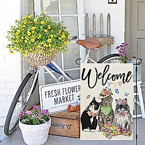 CROWNED BEAUTY Spring Cats Garden Flag Floral 12x18 Inch Double Sided for Outside Welcome Burlap Small Yard Holiday Decoration CF755-12