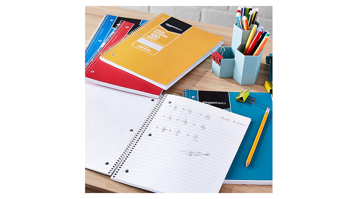 Amazon Basics Wide Ruled Spiral Notebook, 100 Sheets, 5-Pack