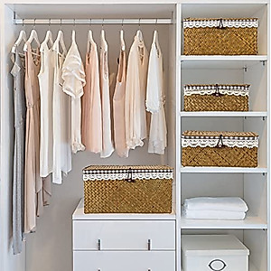 Hipiwe Wicker Storage Basket Bin with Removable Fabric liner and Lid, Woven Seagrass Shelf Baskets Box Rectangular Household Organizer Bin for Shelf Closet Home Decor, Large 14.4"x9.6"