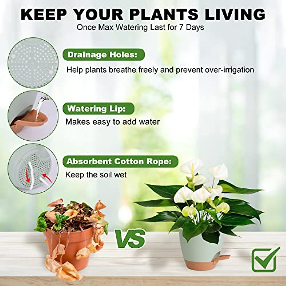 Vanslogreen Plant Pots Indoor 7/6.5/6/5.5/5 Inch Self Watering Planters for Indoor Plants with Drainage Hole, Plastic Flower Pot for Succulents, African Violet (Green)