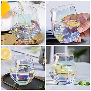 Diamond Wine Glasses Set of 4 Rocks Glasses Whiskey Glasses 10 oz Crystal Bourbon,Cognac,Scotch,Cocktails Glass Unique Christmas Father's Day Gifts (Gold Rainbow, 4)