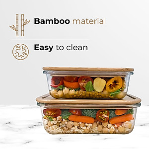 JS Gourmet 2 Pcs Glass Food Storage Containers with Bamboo Cutting Board and Airtight Lid, Ideal for Preparing and Storing Meals, Food, Fruits, Salad and more Ingredients (35oz and 51oz)
