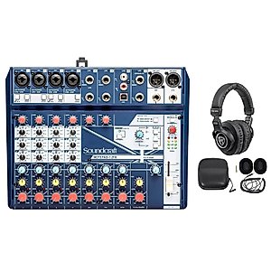 Soundcraft Notepad-12FX 12-Channel Mixer w/ 4x4 USB Interface with Lexicon Effects Bundle with Rockville PRO-M50 Studio Headphones w/ Detachable Coil Cable, Case with Extra Ear Pad