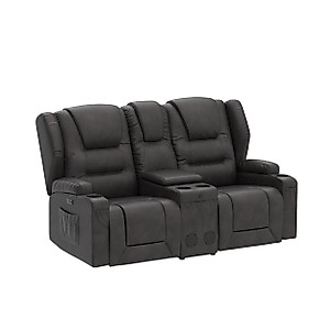 ETAGERIA Home Theater Seating 67" RV Recliner Double Reclining Loveseat Electric Recliner Loveseat Sofa with Console,Light Bar,Cup Holder (Black Grey)