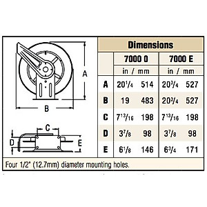 Reelcraft 7850 OLP121 Heavy Duty Spring Retractable Hose Reel, 1/2" x 50', 300 Psi, Air/Water Hose Included