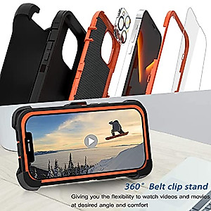 Case for iPhone 13 Pro Max Case 6.7" Belt-Clip Kickstand Holster with 2 Screen Protector + 2 Camera Lens Protector,Full Body Heavy Duty Military Grade Drop Protection Cover (Black Orange+Clip)