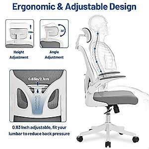 HOFFREE Ergonomic Office Chair High Back Executive Mesh Desk Chair with Adjustable Lumbar Support Headrest and Flip-up Armrest Swivel Task Chair for Home Office Chair Grey and White