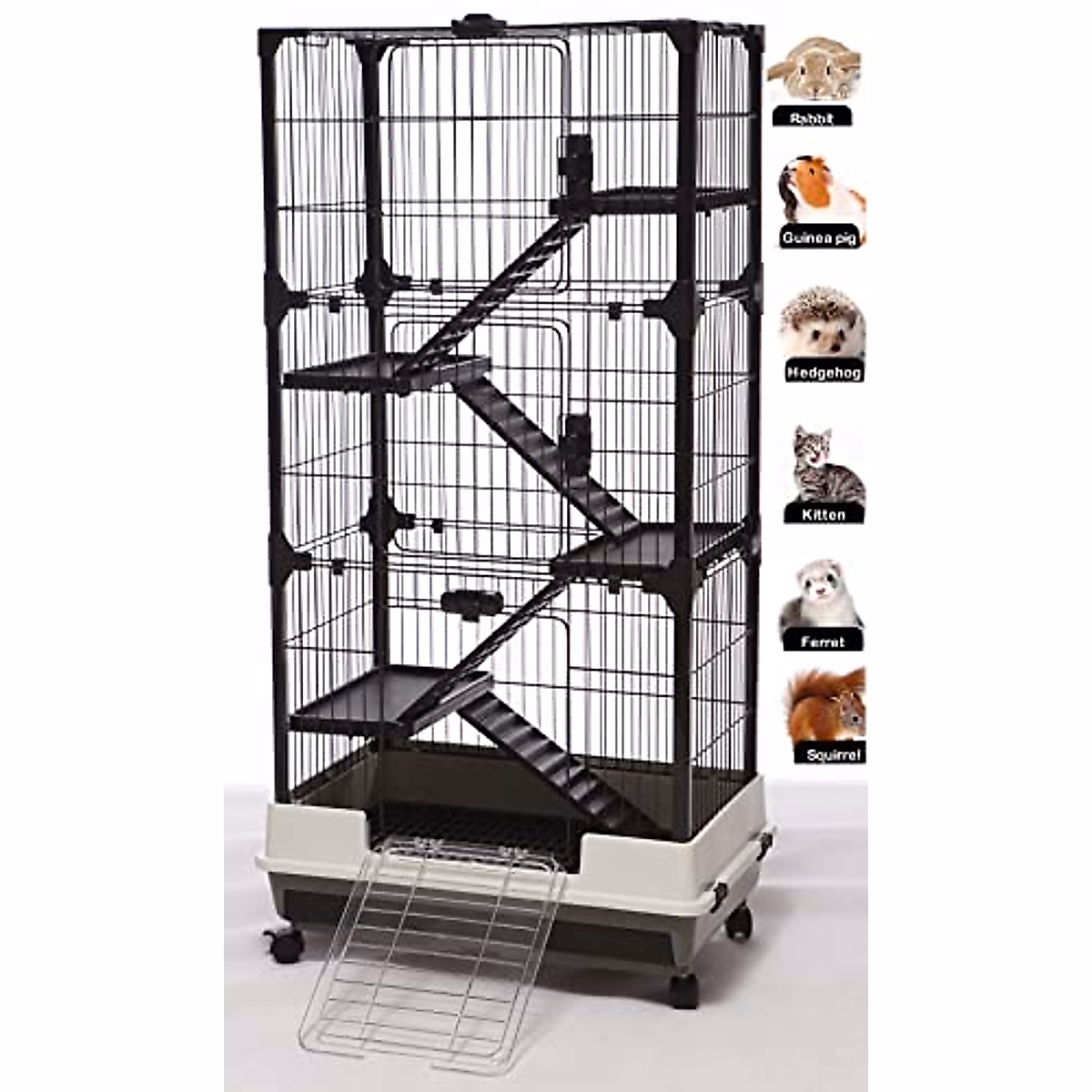 52-inch Deluxe and Spacious 5-Level Indoor Outdoor Ferret Chinchilla Guinea Pig Cage Rabbit Hutch Paw Safe Solid Platform Ramp Mesh Floor Leakproof Tray Large Access Doors (Black, 52-inch, 5-Level)