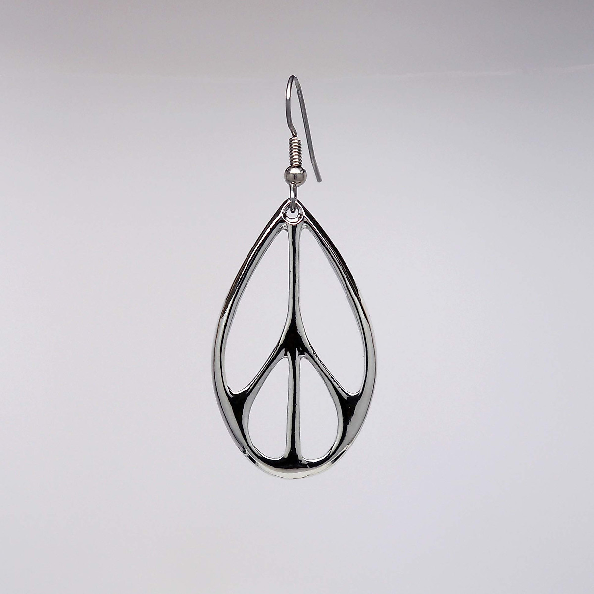Oval Hippie Peace Sign Dangle Earrings Silver Finish Pewter