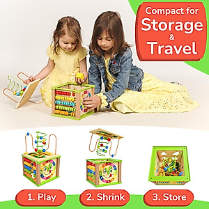 TOYVENTIVE Wooden Activity Cube, Montessori Toys for 1+ Year Old Girl, Multipurpose Educational Sensory Toy for Baby, Toddler, Kid | First Birthday Gift | Bonus First Words Book