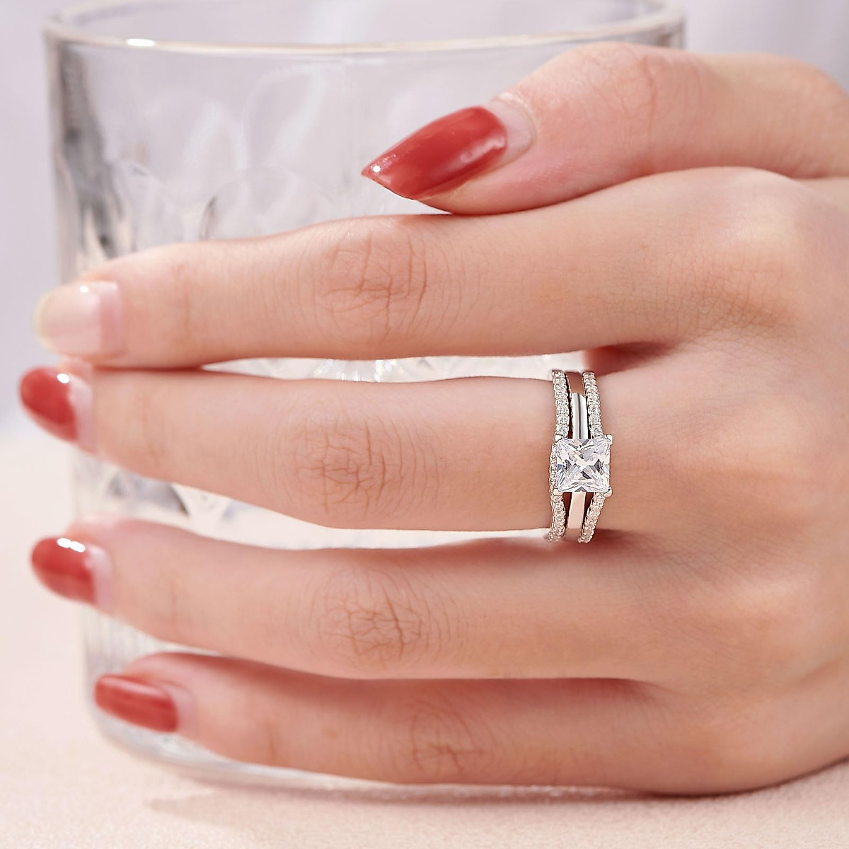 SHELOVES Solitaire Princess CZ Engagement Rings Set Wedding Band Guard Ring Enhancers Sterling Silver Sz 7