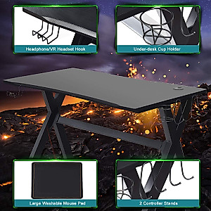Tangkula Computer Desk Gaming Desk, Ergonomic E-Sports Desk with Cup & Headphone Holder and Mouse Pad, Gamer Workstation with Carbon Fiber Surface and X-Shape Steel Frame, Home Office Desk (Black)