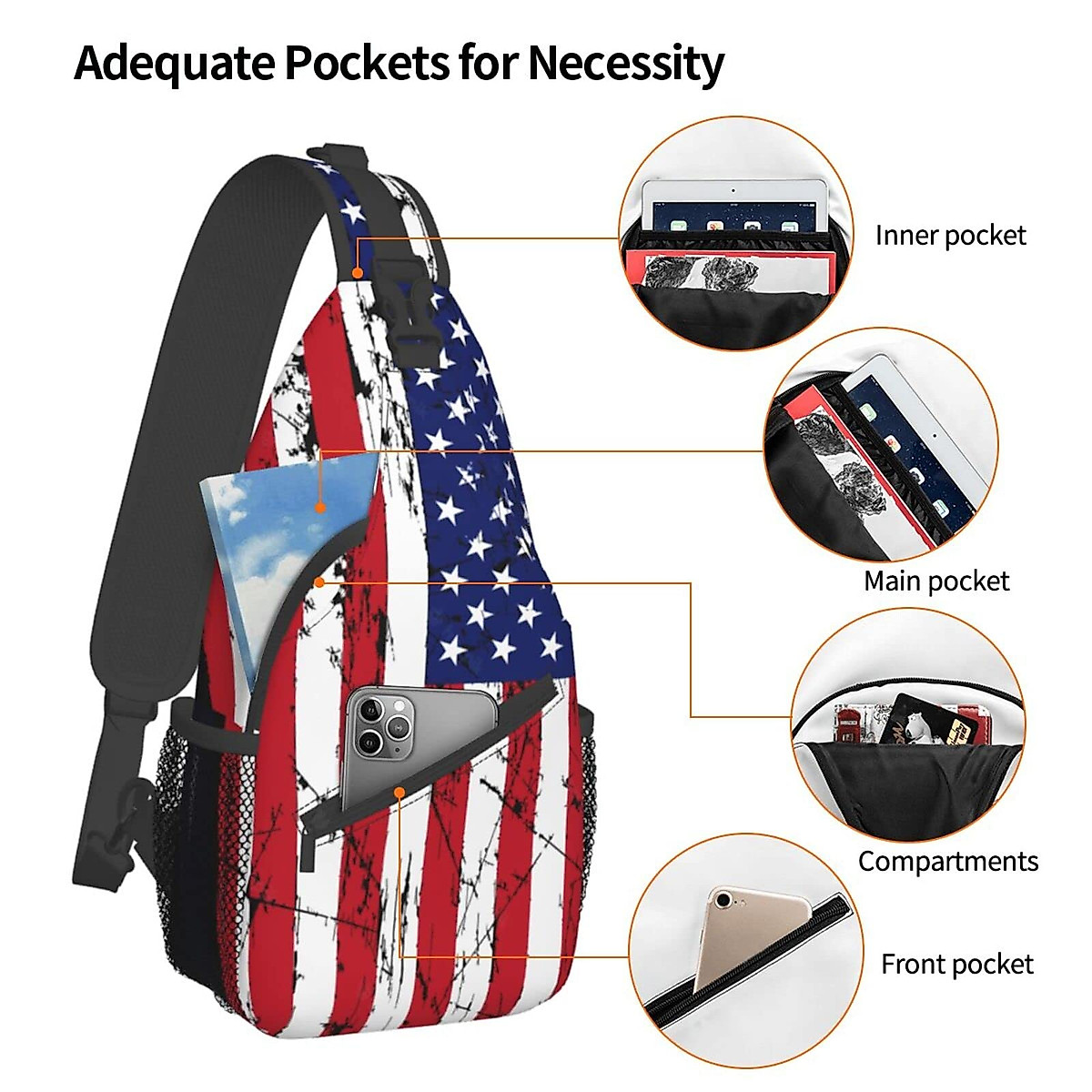 American Flag Stars Stripes Sling Backpack Chest Bag Crossbody Shoulder Bag Travel Hiking Daypack For Men Women