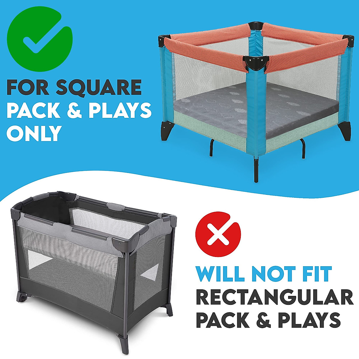 Sleepah Square 36x36 Mattress Pad (Trifold) Waterproof Memory Foam Portable Mattress Topper w Removable Cover Compatible with Joovy Room 2 Delta Children Century Thick Dual Sided